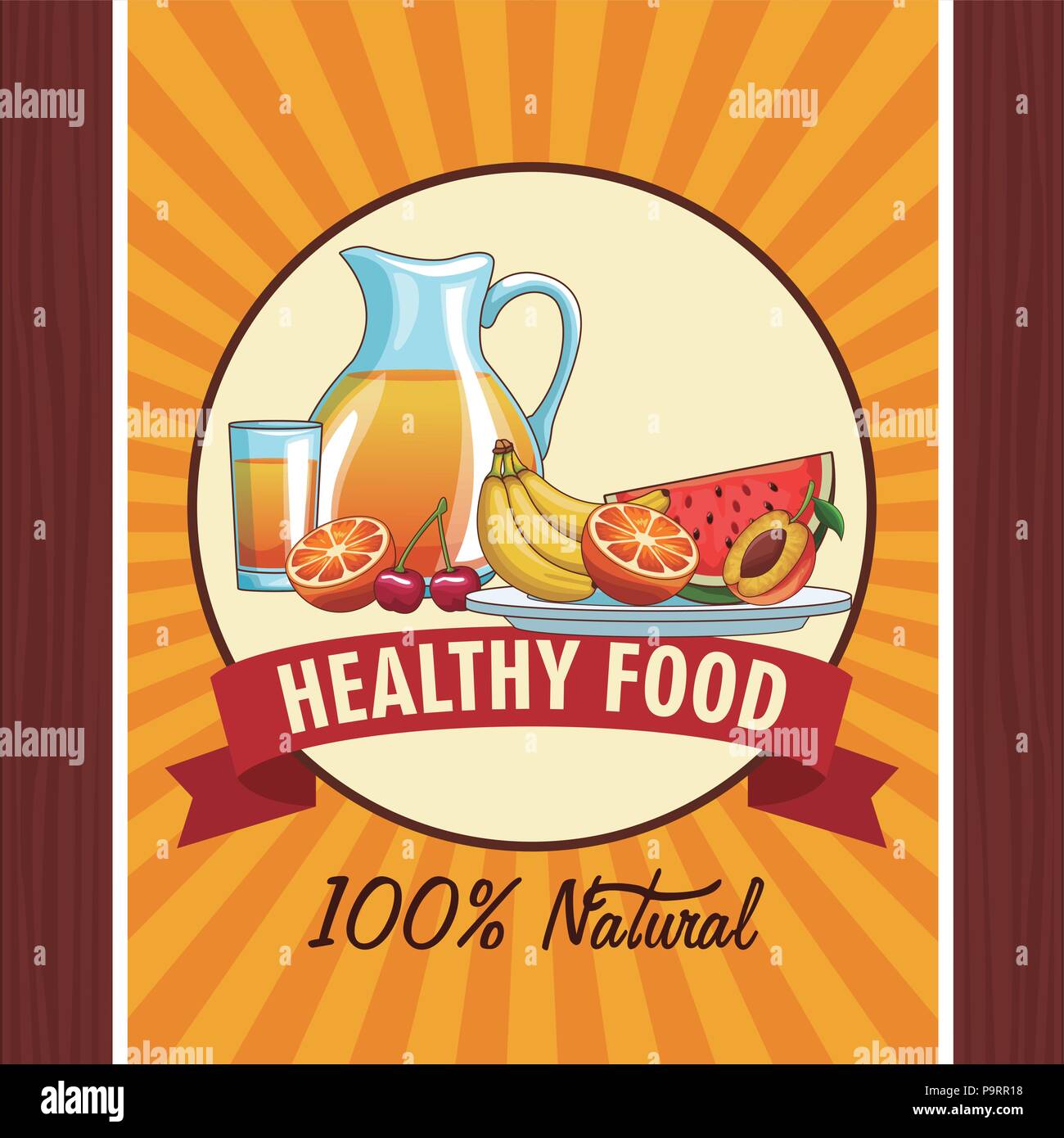 Healthy food poster with emblem and ribbon banner vector illustration ...