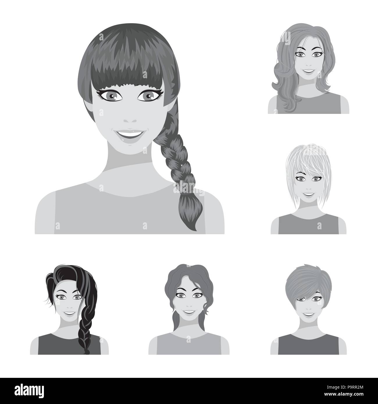Types of female hairstyles monochrome icons in set collection for ...