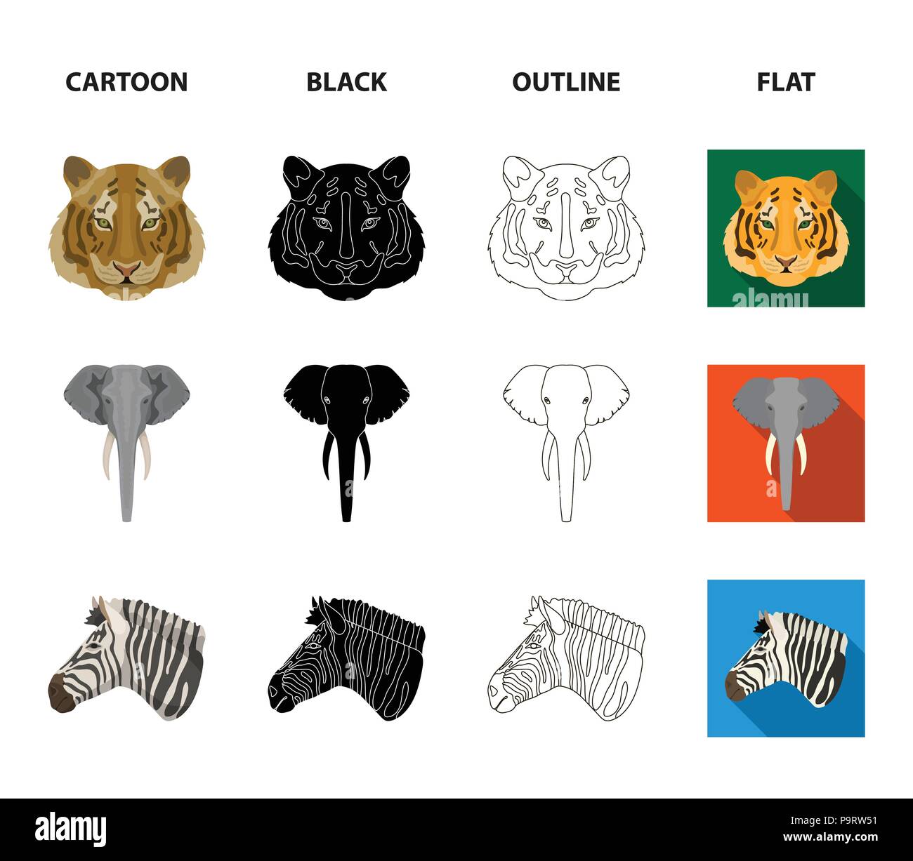 Tiger, lion, elephant, zebra, Realistic animals set collection icons in ...