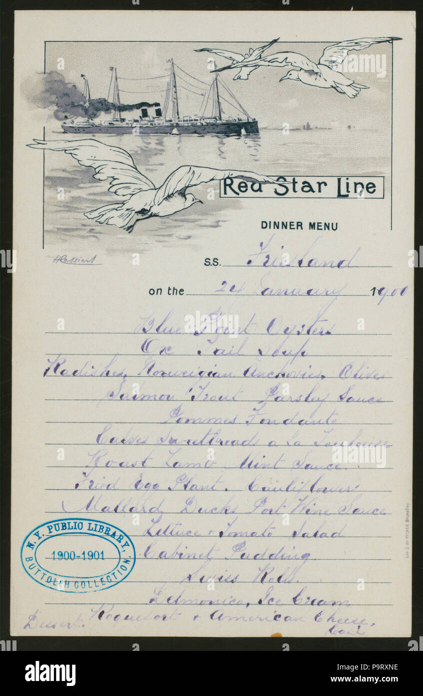 560 DINNER (held by) RED STAR LINE (at) EN ROUTE ABOARD S.S. FRIESLAND ...