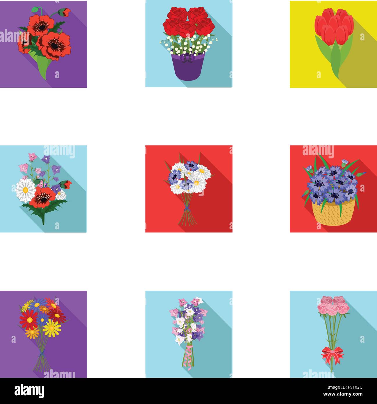 A bouquet of fresh flowers flat icons in set collection for design ...