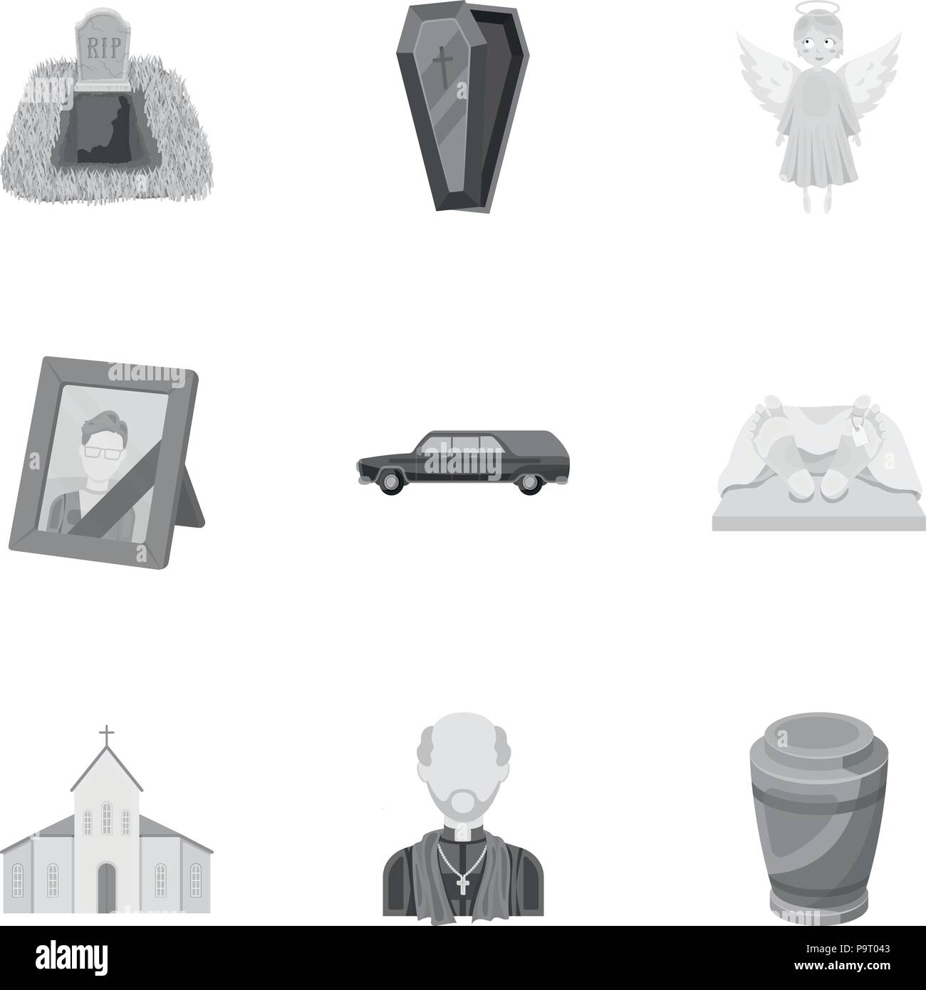 Funeral ceremony, cemetery, coffins, priest.Funeral ceremony icon in ...