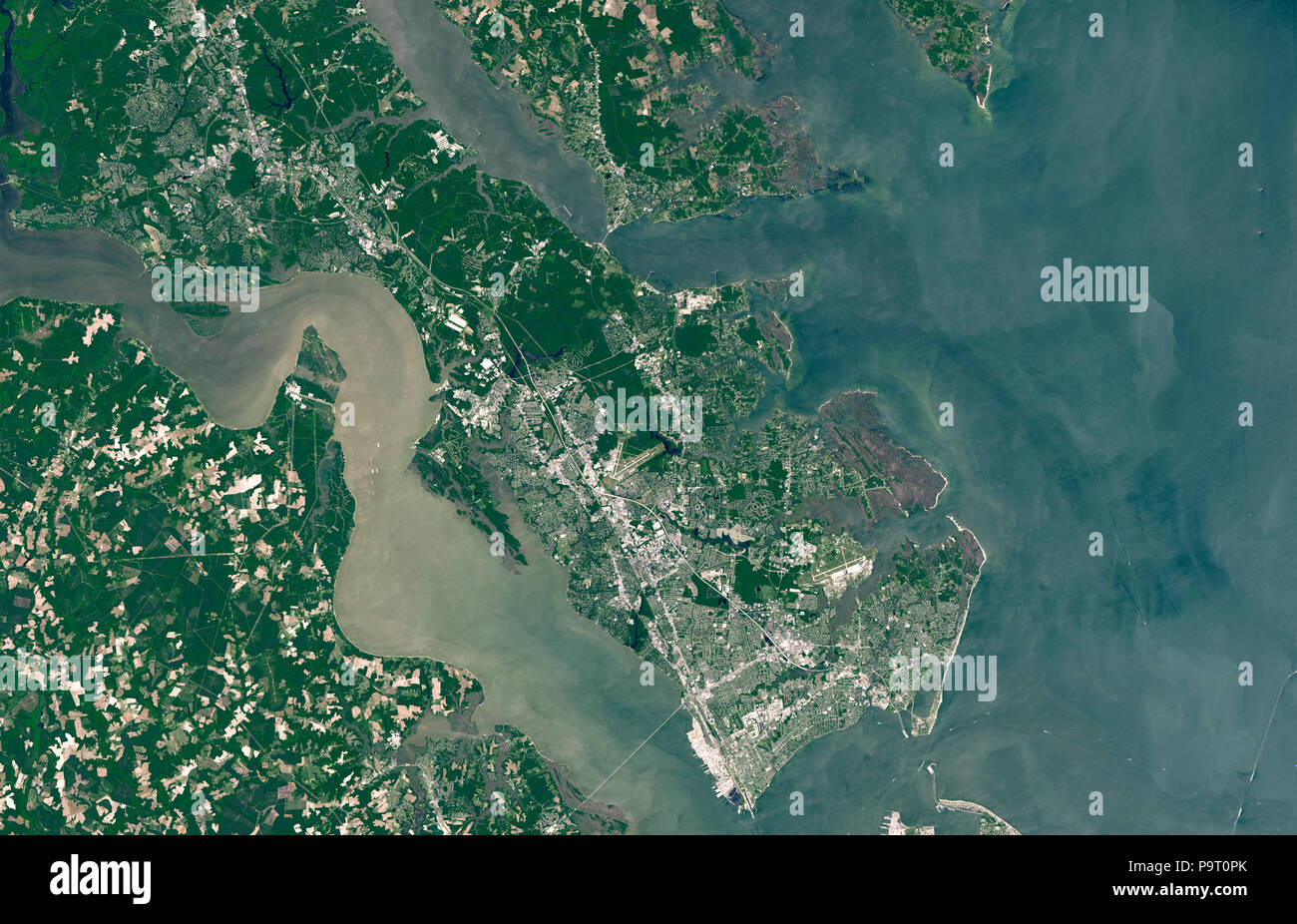 NASA satellite image showing triangle of colonial towns Jamestown ...