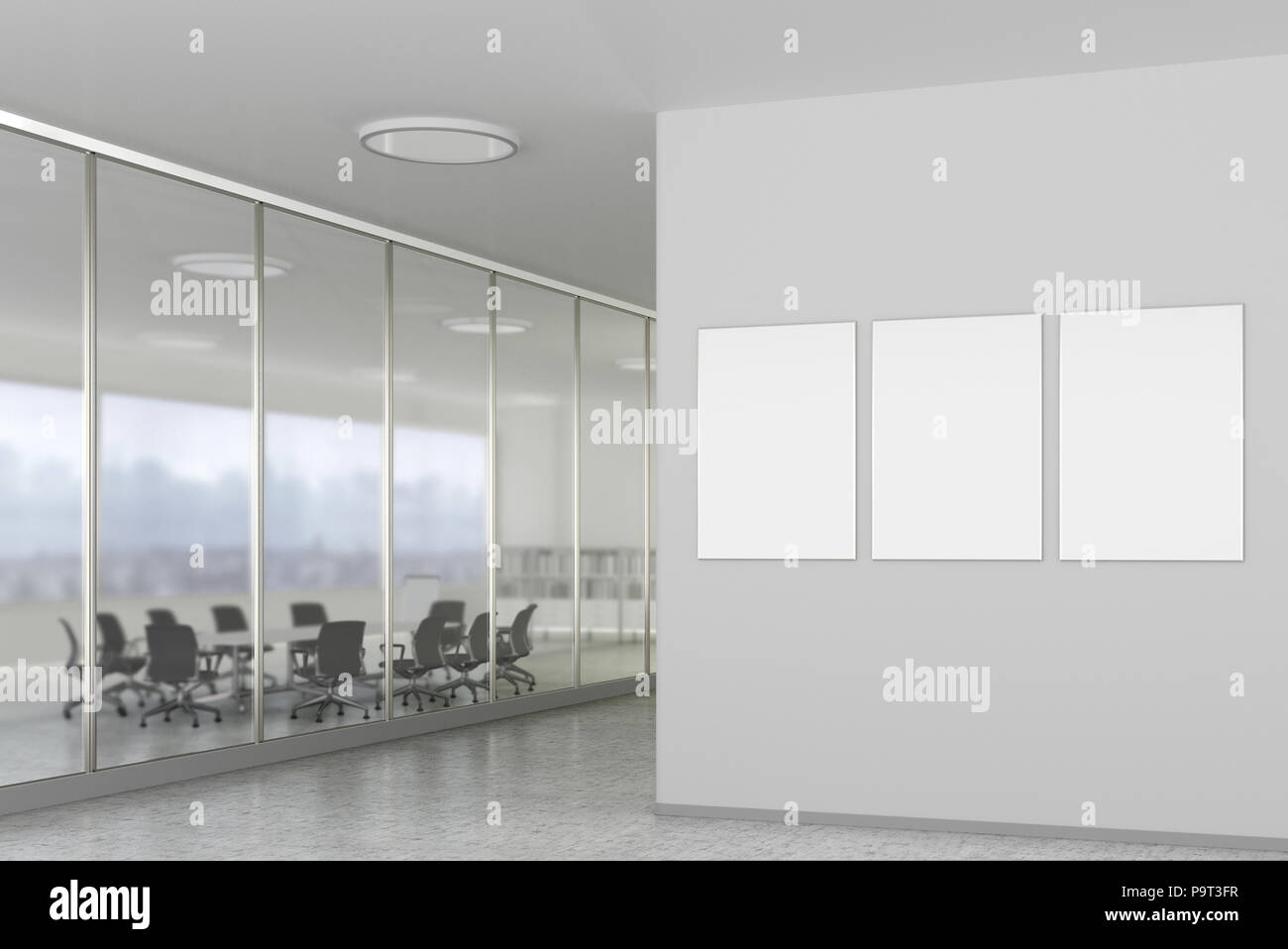 Three blank posters on the wall in bright office interior with clipping ...