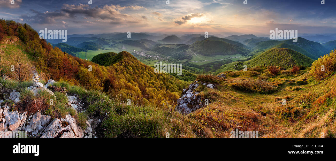 Green Spring Slovakia mountain nature landscape with sun and cross ...