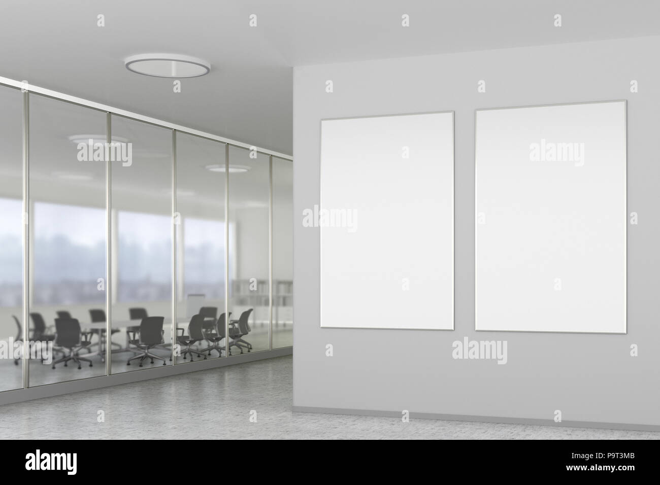 Two blank posters on the wall in bright office interior with clipping ...