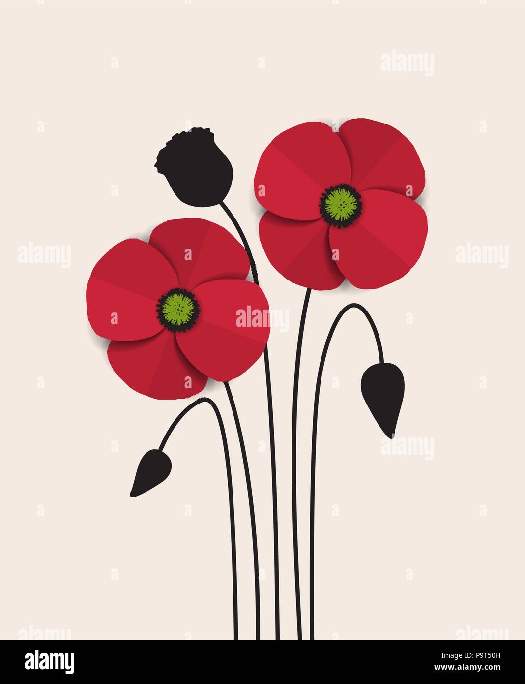 Vector red romantic poppy flowers and grass Stock Vector Image & Art ...