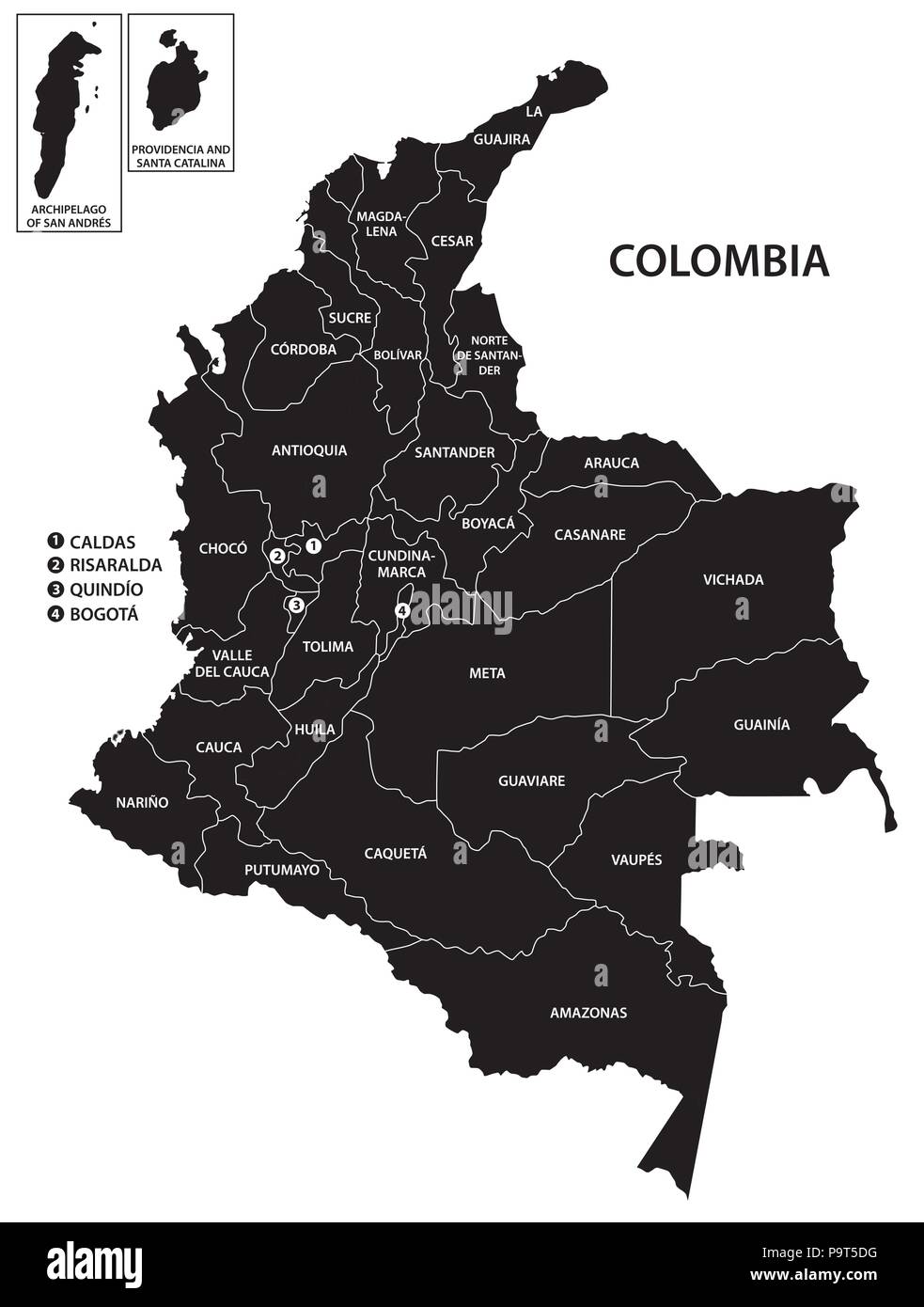 colombia administrativ and political vector map in black and white ...