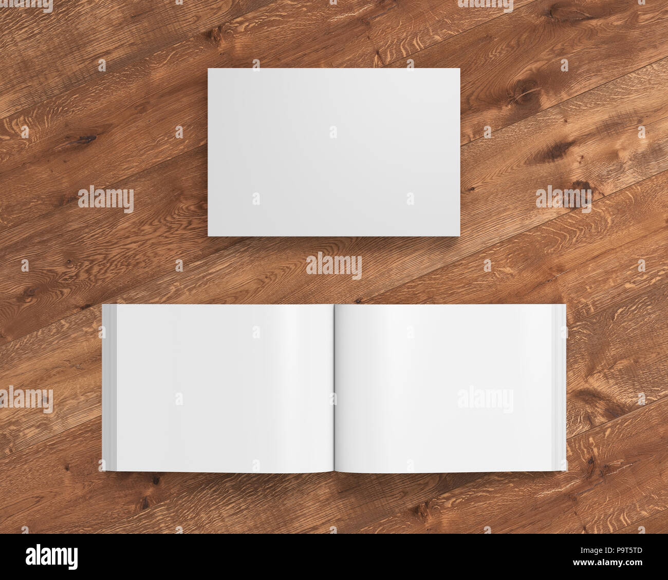 Blank white landscape soft cover book with glossy paper on wooden ...