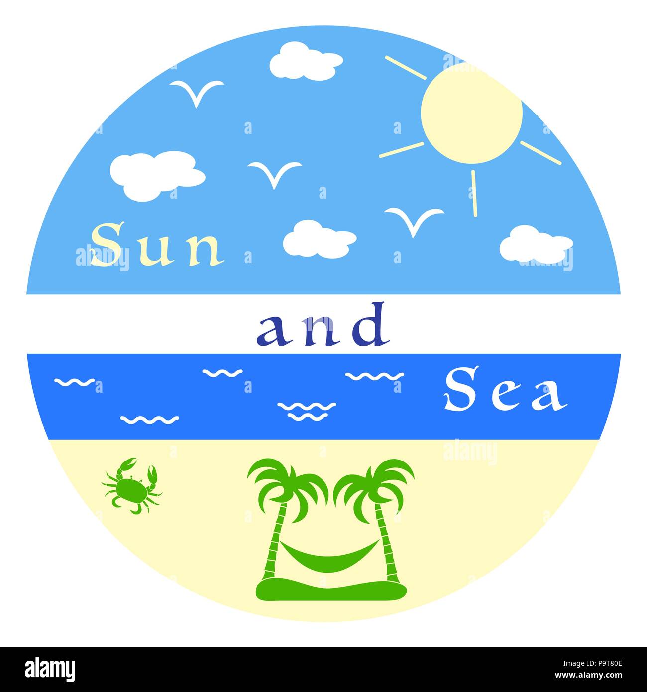 Sun, clouds, birds, sea, waves, beach, crab, palms, hammock. Template ...