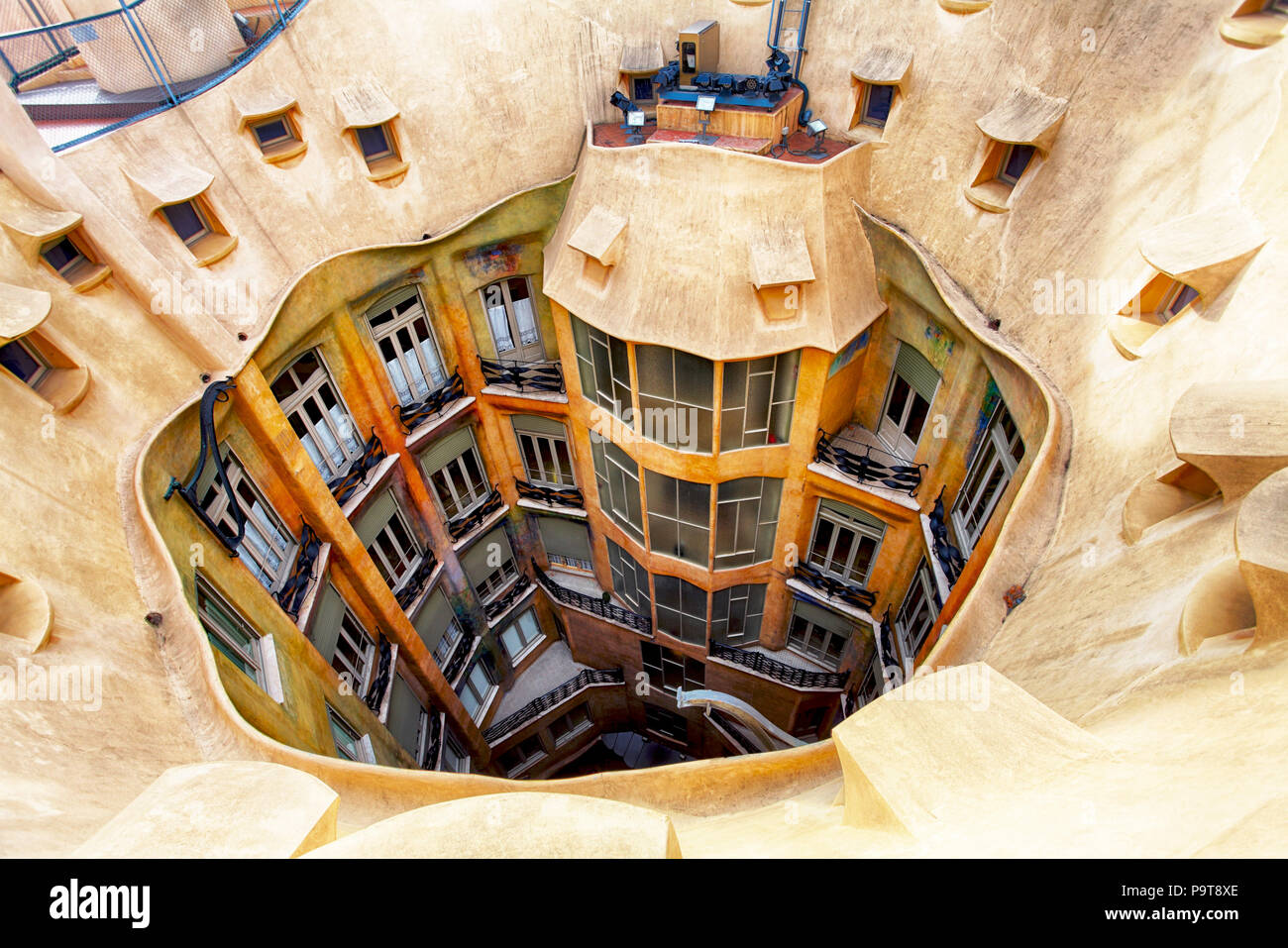 BARCELONA, SPAIN - FEBRUARY 9, 2016: Closeup of Casa Mila (La Pedrera ...