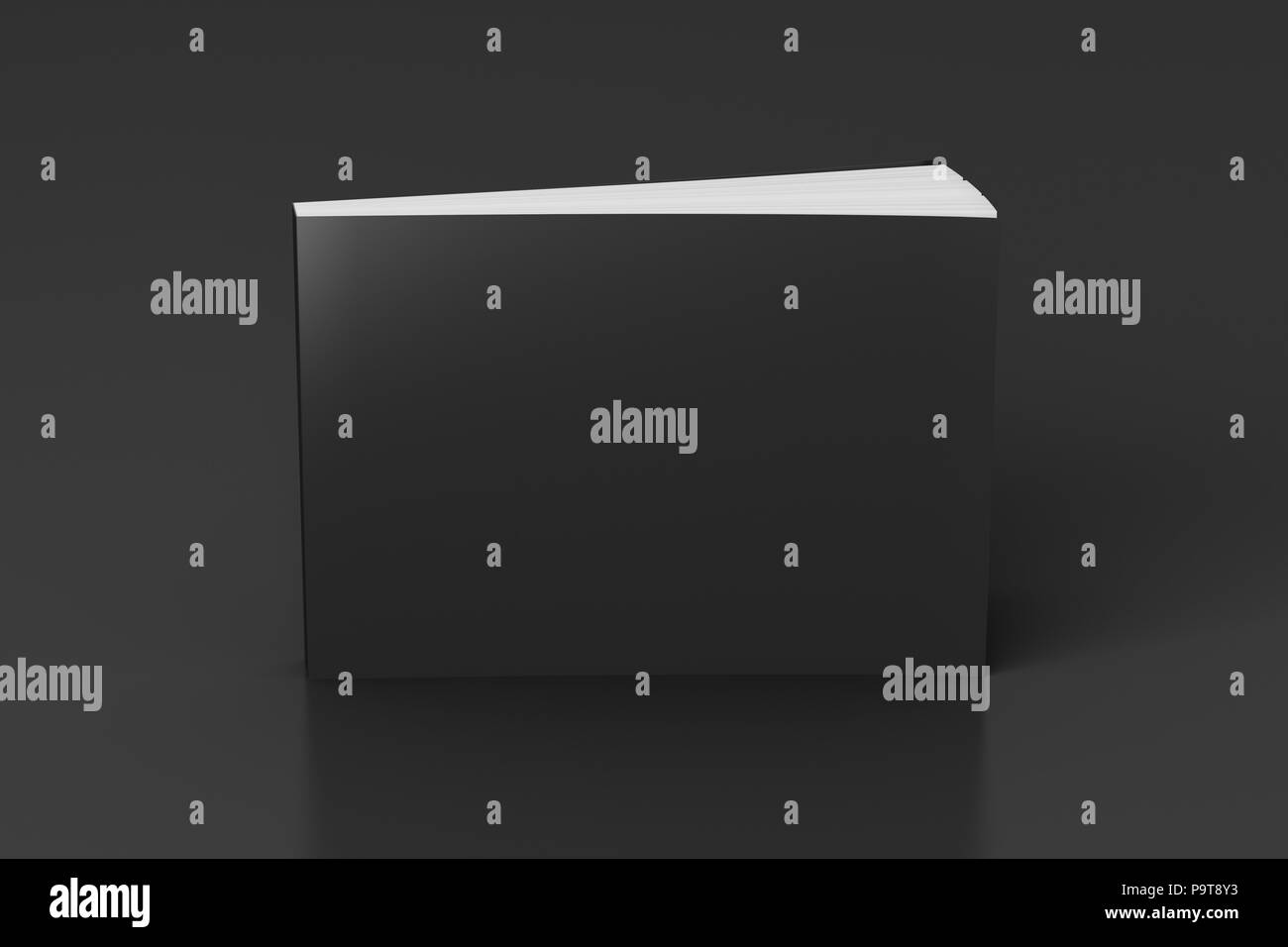 Blank black horizontal soft cover book standing on black background ...