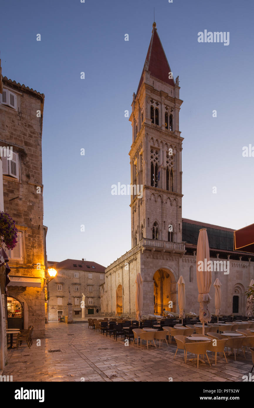 Tower of medieval cathedral in the town of Trogir in Croatia moments ...
