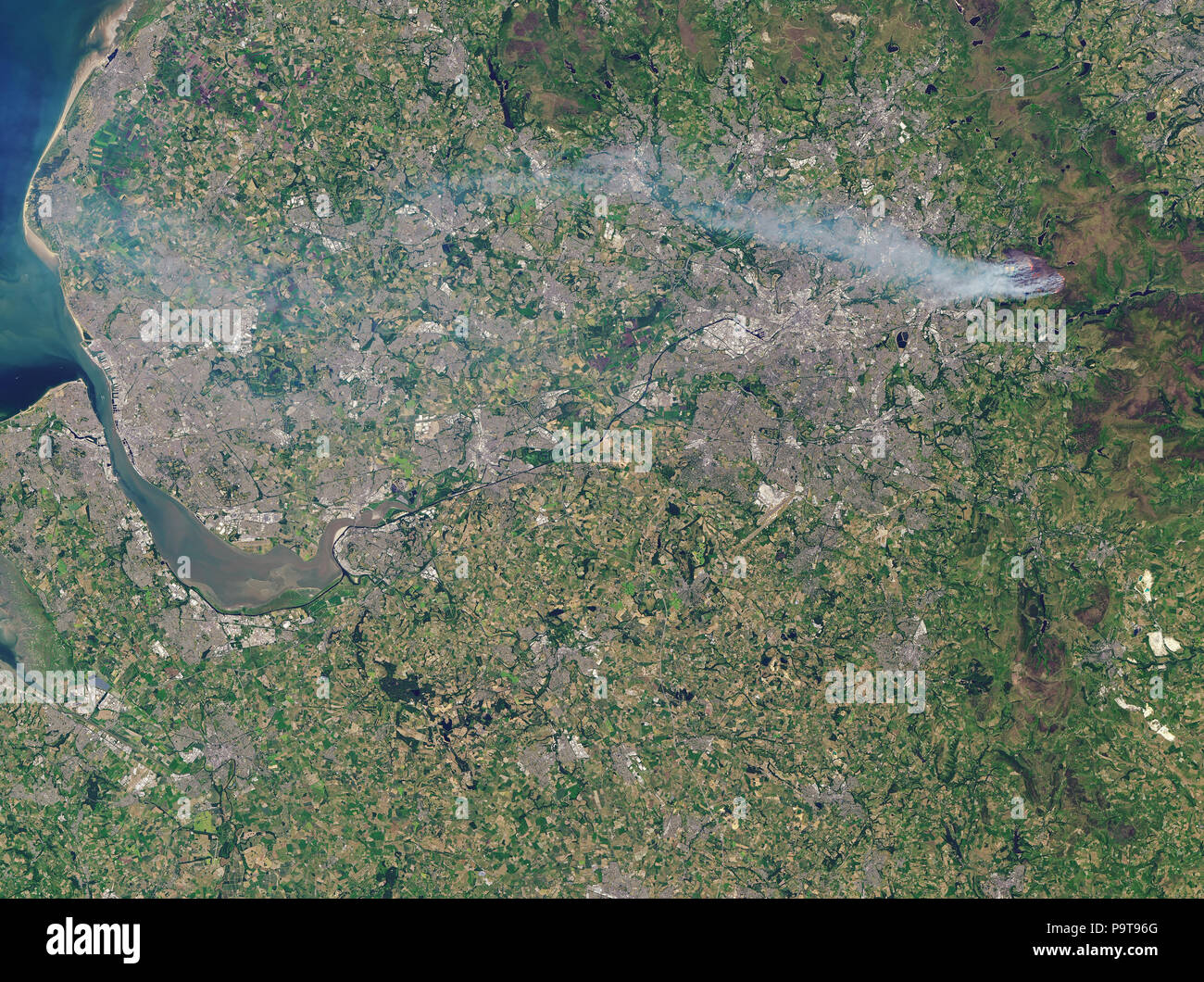 NASA satellite image Saddleworth Moor fire, Greater Manchester, England ...