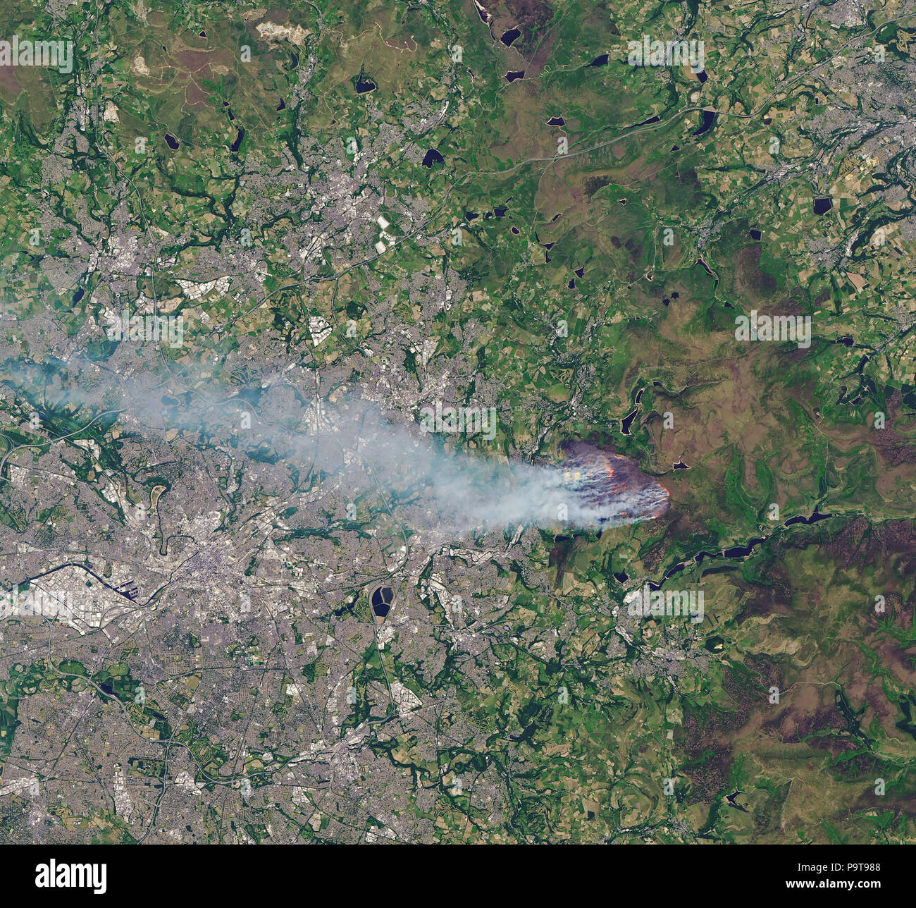 NASA satellite image Saddleworth Moor fire, Greater Manchester, England ...
