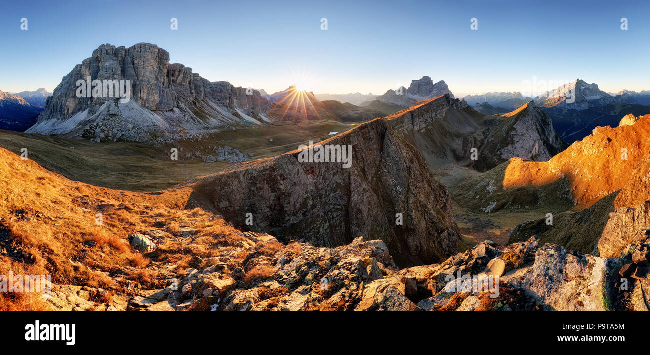 Mountain panorama at autumn sunrise, Dolomites, Italy, Mt. Pelmo Stock ...