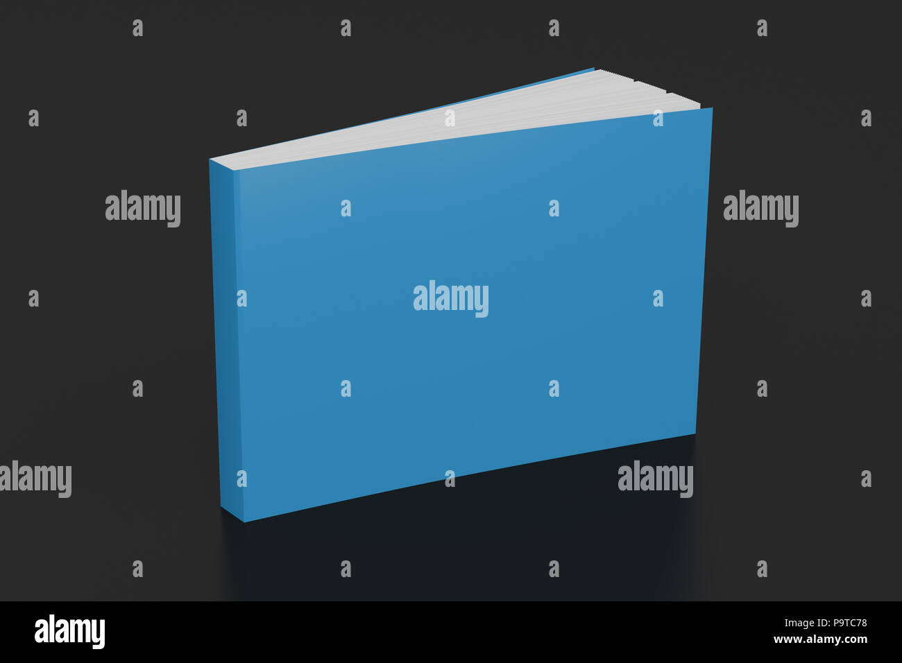 Blank cyan horizontal soft cover book standing on black background ...