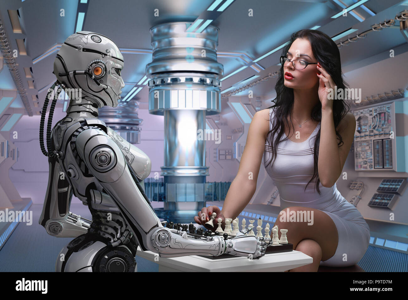 Woman Playing Chess with Fembot Robot Stock Photo - Alamy