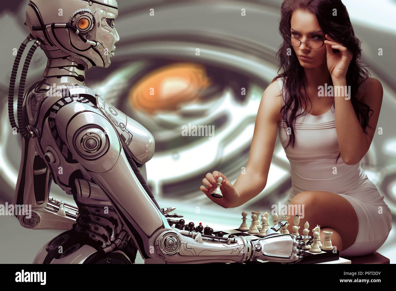 Woman Playing Chess with Fembot Robot Stock Photo - Alamy