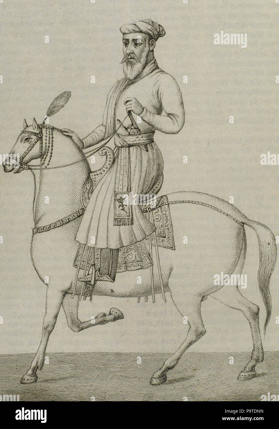 India. Mughal Empire. Mirza Mollah on horseback. Portrait. Engraving ...
