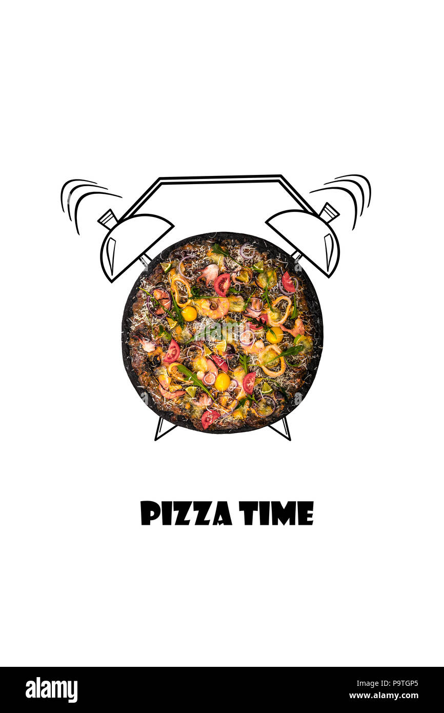 Pizza and alarm clock hand drawn illustration isolated on white ...
