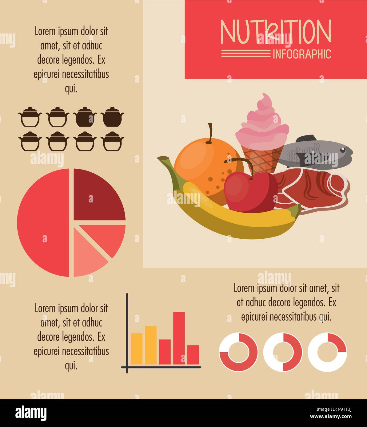 Nutrition and food red infographic with statistics and elements vector ...