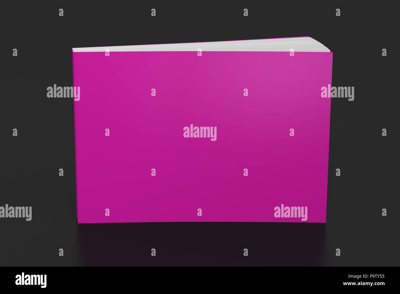 Blank magenta horizontal soft cover book standing on black background ...