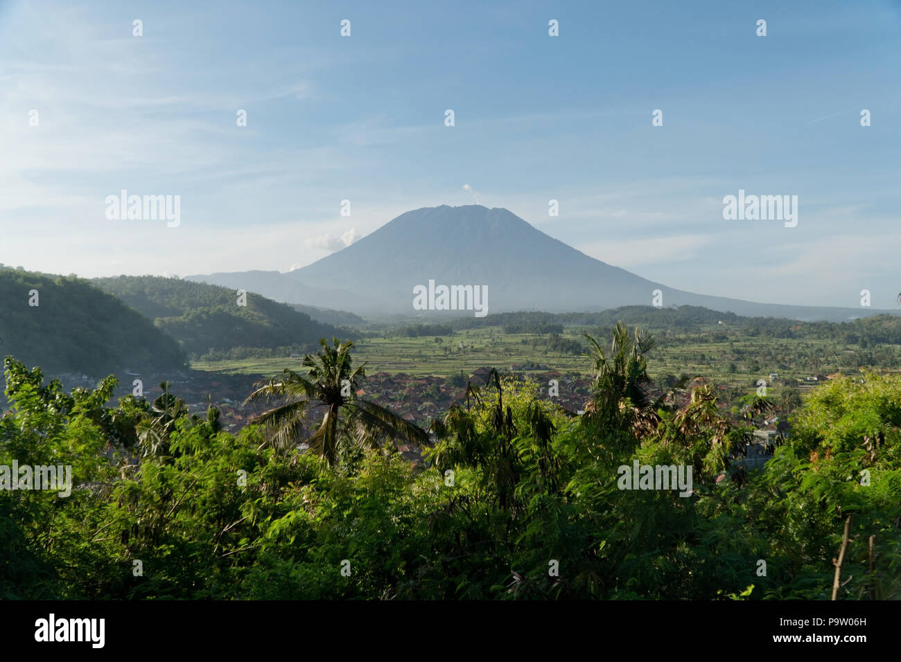 Aerial view Town near volcano Agung, rice terrace, farmlands, village ...