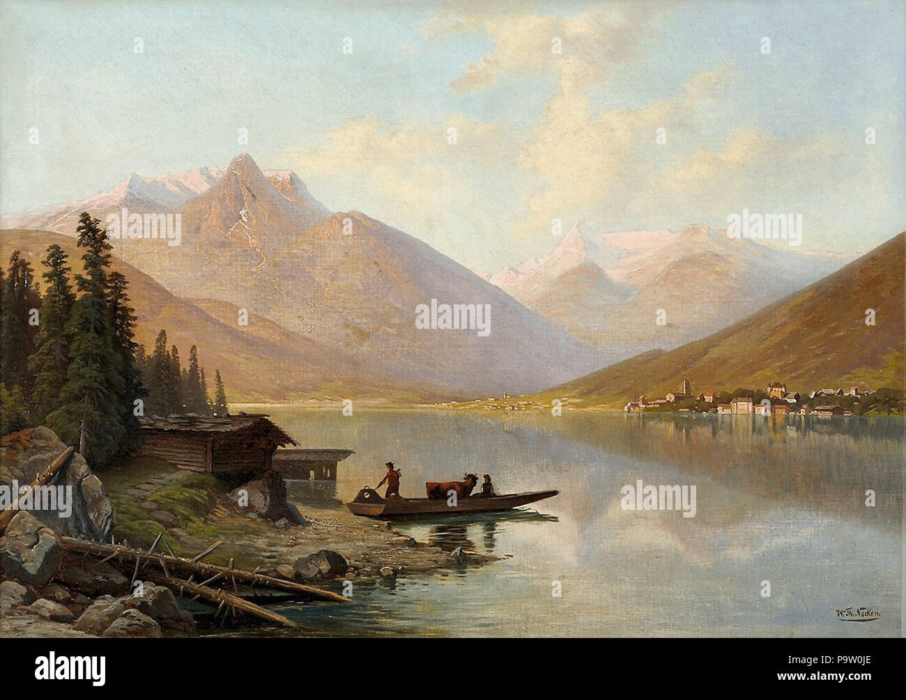 Nocken Wilhelm Theodor - Landscape with an Alpine Lake and Village ...