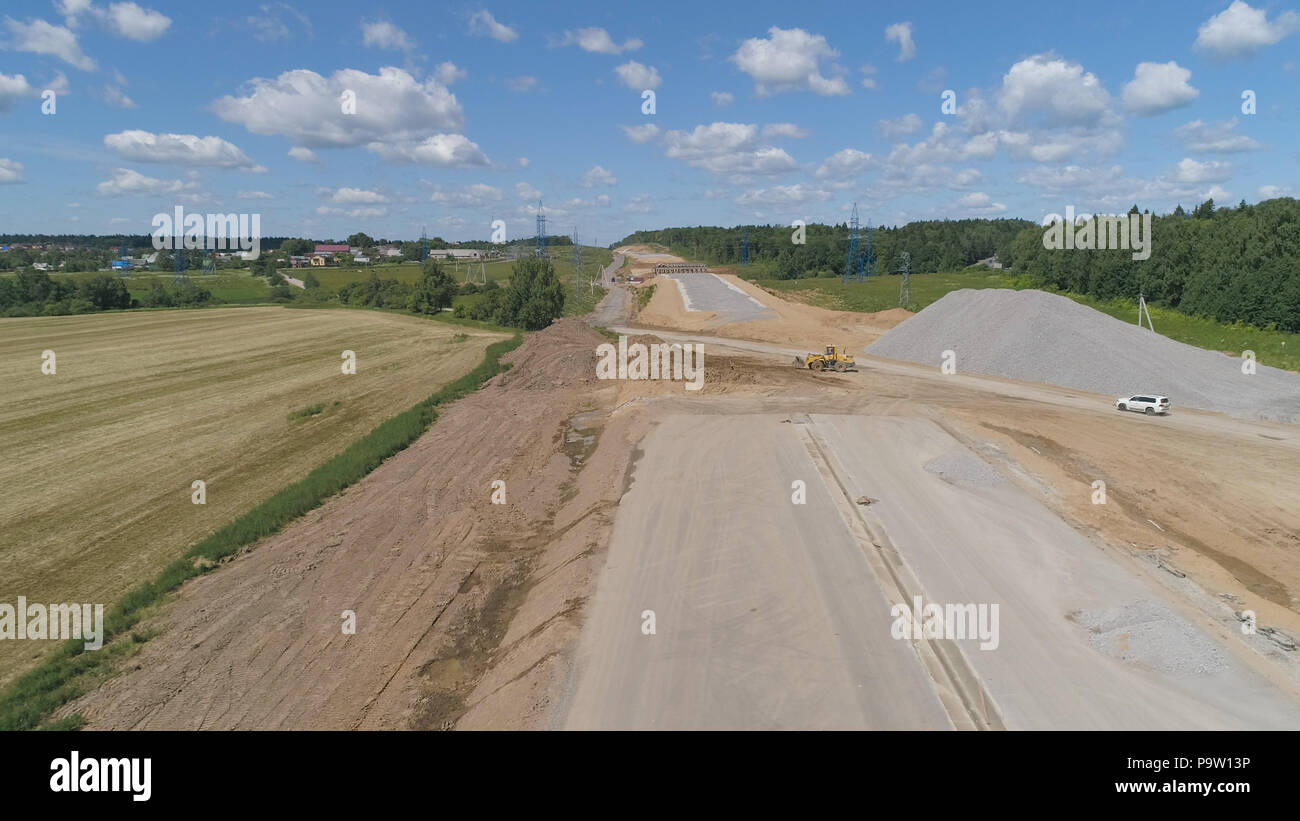 Construction of toll roads in rural areas. Aerial view construction of ...