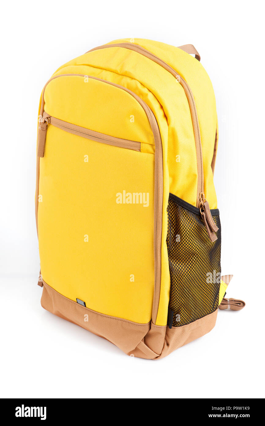A yellow backpack isolated on white background Stock Photo - Alamy