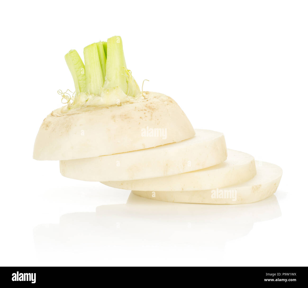 One white radish bulb sliced in pieces isolated on white background ...