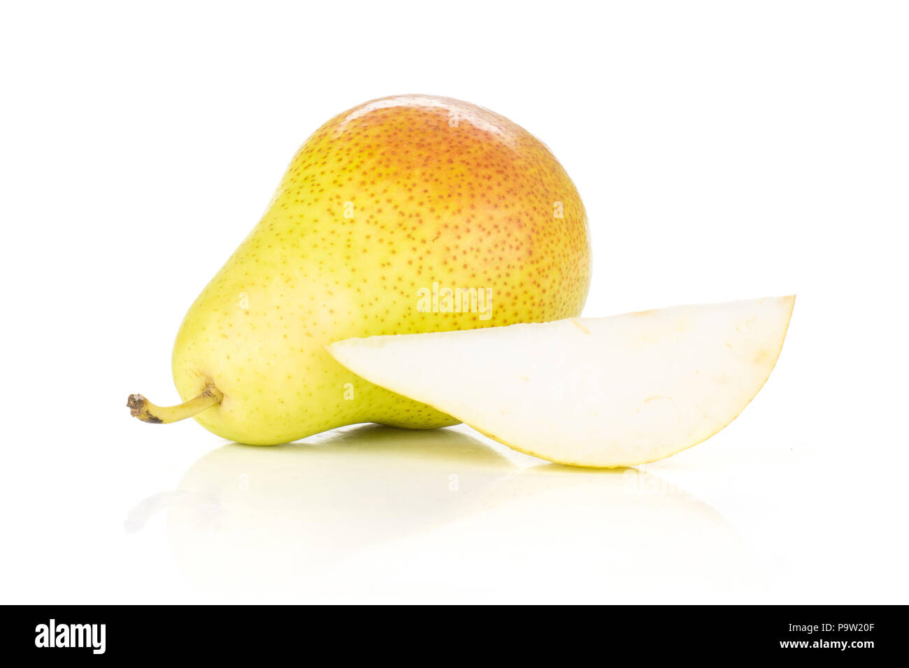 Group of one whole one slice of fresh red pear forelle variety isolated ...