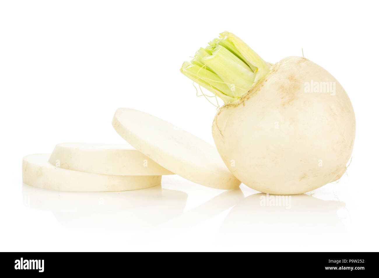 One white radish bulb and three slices isolated on white background ...