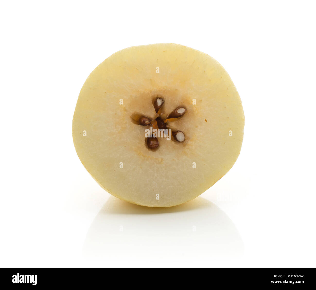 One Nashi pear half (Russet pear) isolated on white background yellow ...