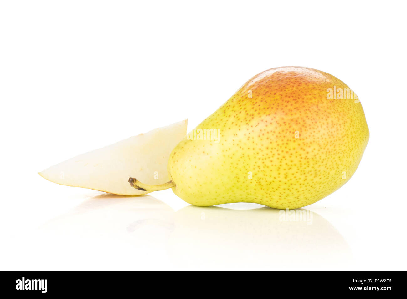 Group of one whole one slice of fresh red pear forelle variety isolated ...