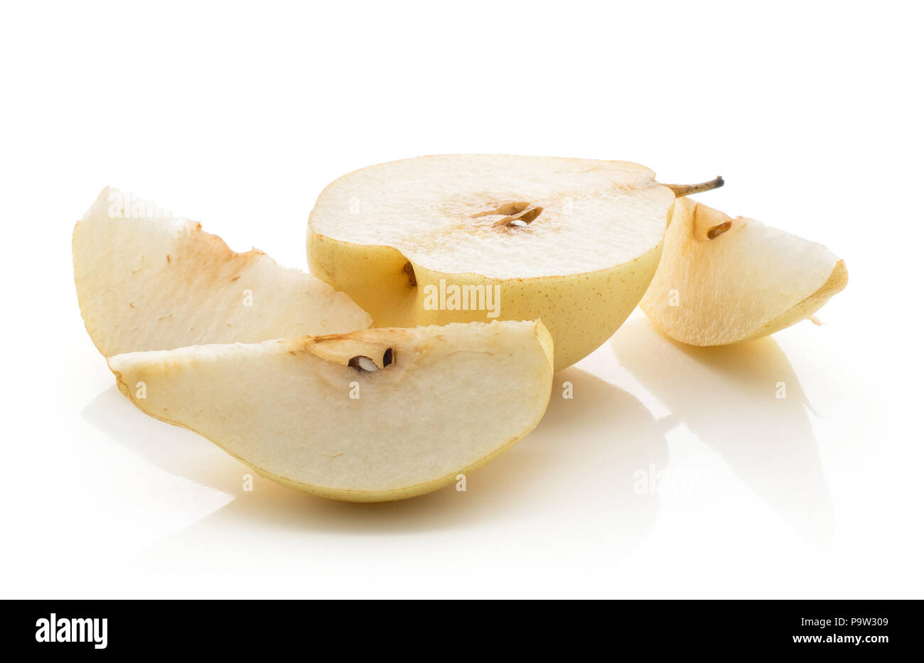 Sliced Nashi pears three slices and one cut half (Russet pear) isolated ...