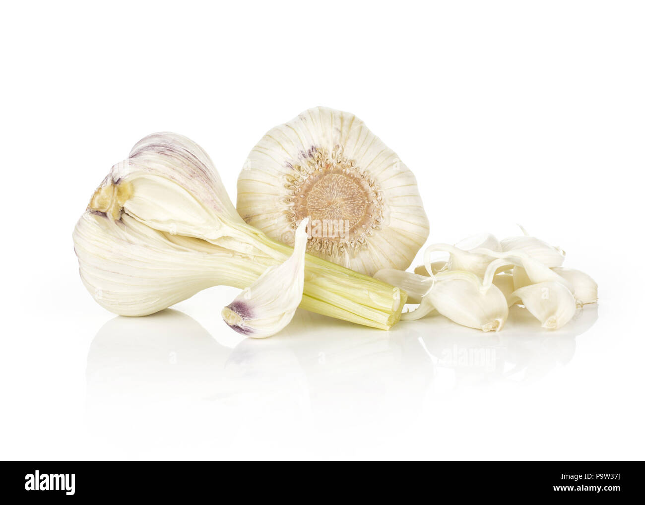 Young garlic two open fresh bulbs and separated cloves isolated on ...