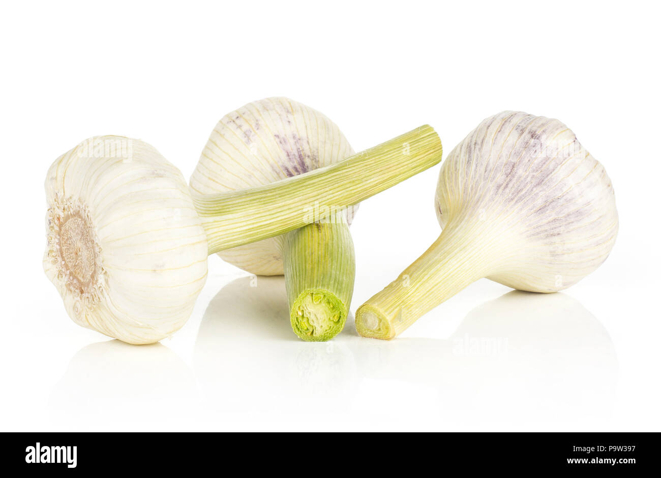 Three young garlic bulbs with green stems isolated on white background ...