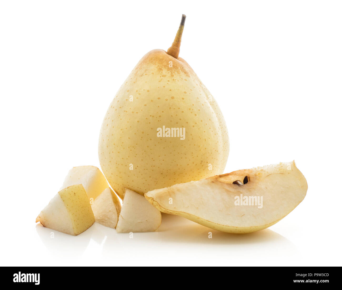 One Nashi pear with a slice and four cut pieces (Russet pear) isolated ...