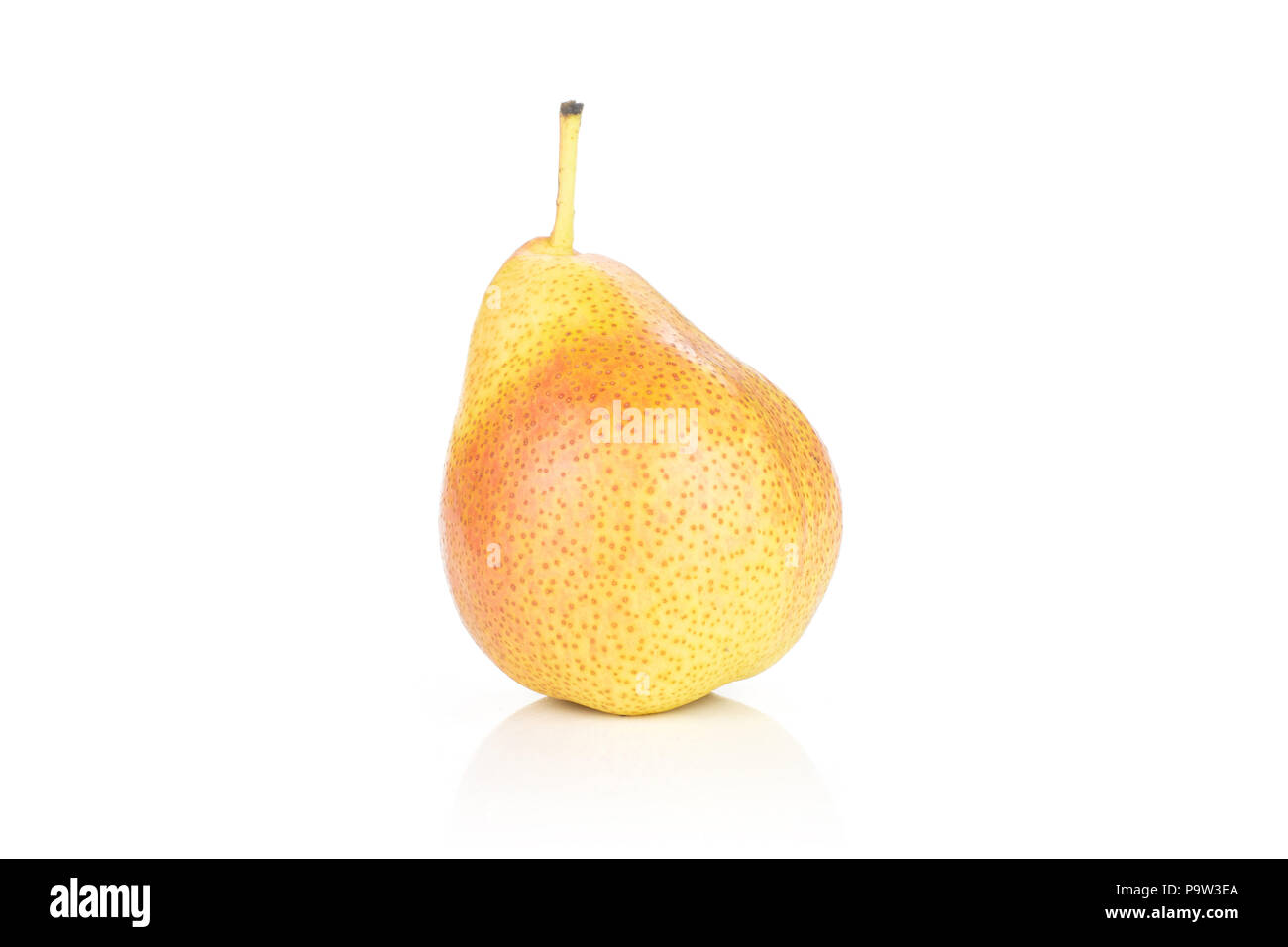 One whole fresh red pear forelle variety with a stem isolated on white ...