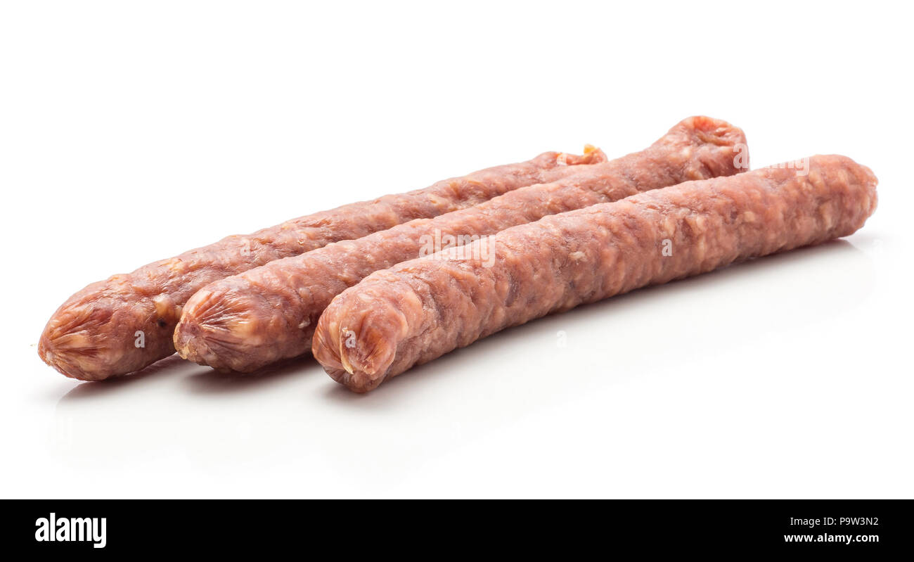 Hungarian dry sausages pepperoni isolated on white background three ...