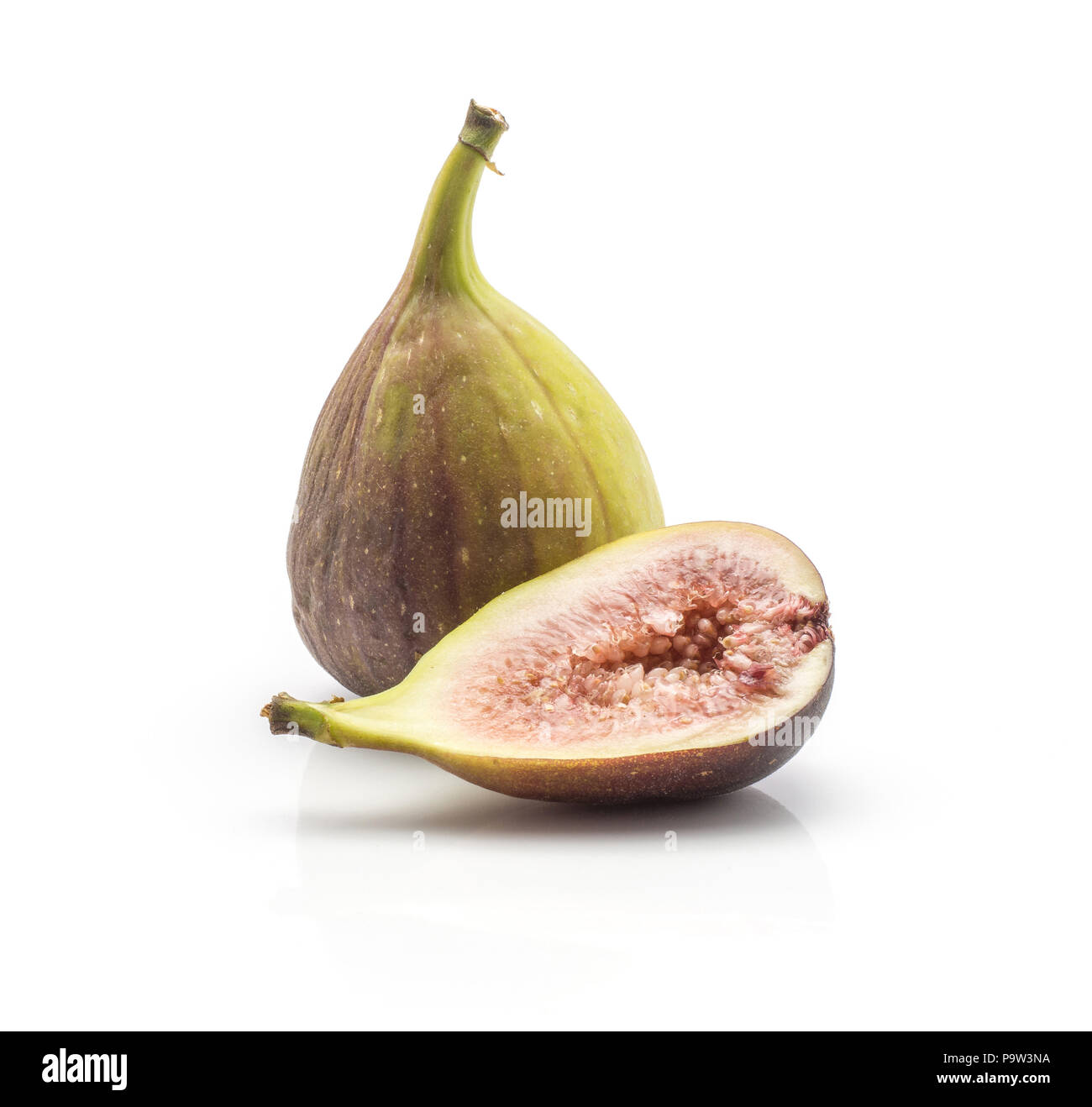 One fig and a half with rose flesh isolated on white background ripe ...