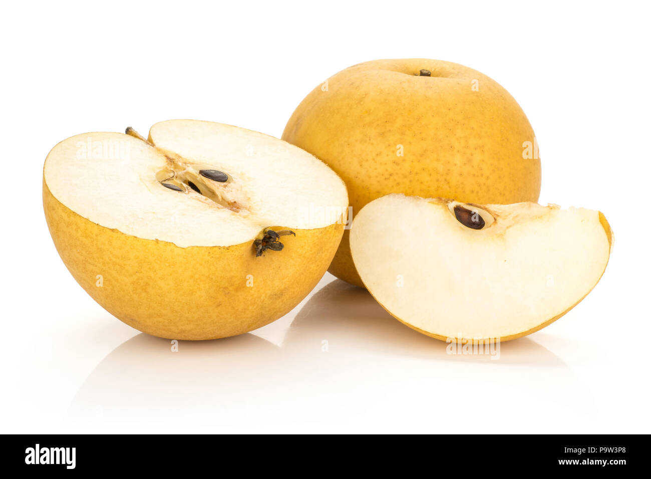 Chinese golden pears set Nashi variety isolated on white background one ...