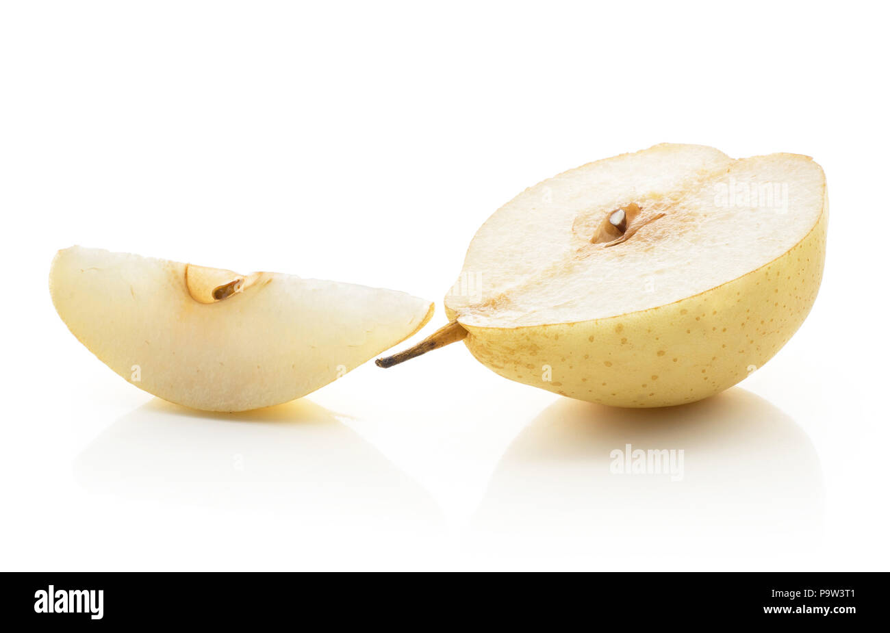 Nashi pear half and one slice (Russet pear) isolated on white ...