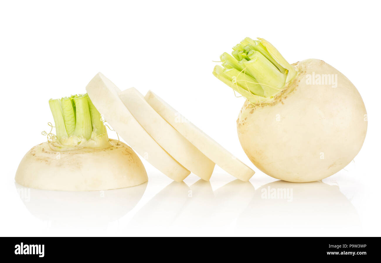 White radish bulb and three slices isolated on white background Stock ...