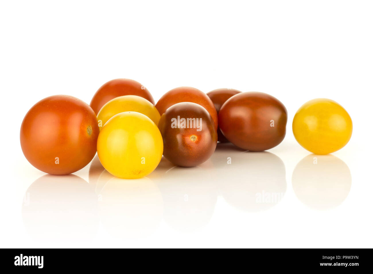 Grape cherry tomatoes mix isolated on white background yellow black red ...