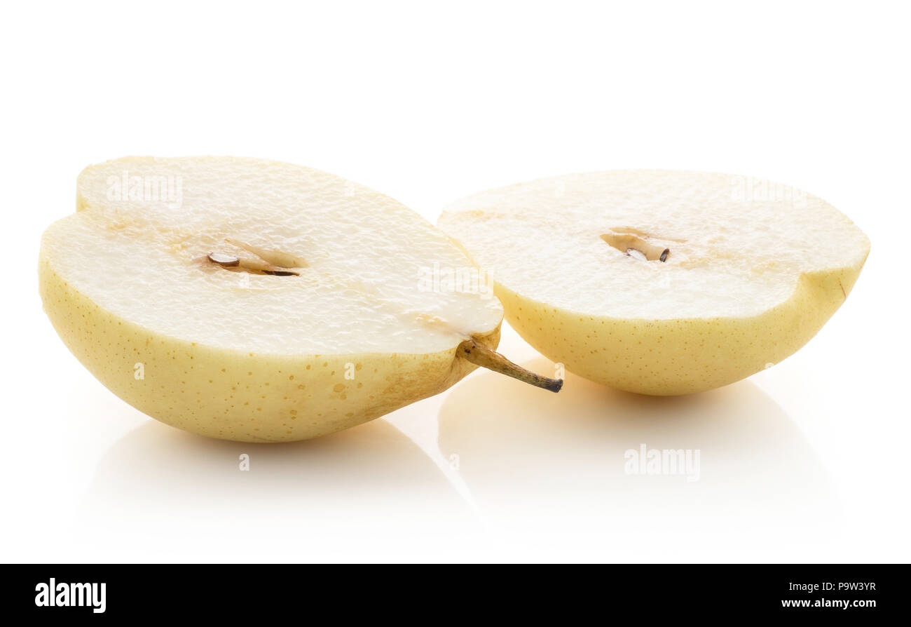 Nashi pear two halves (Russet pear) isolated on white background yellow ...