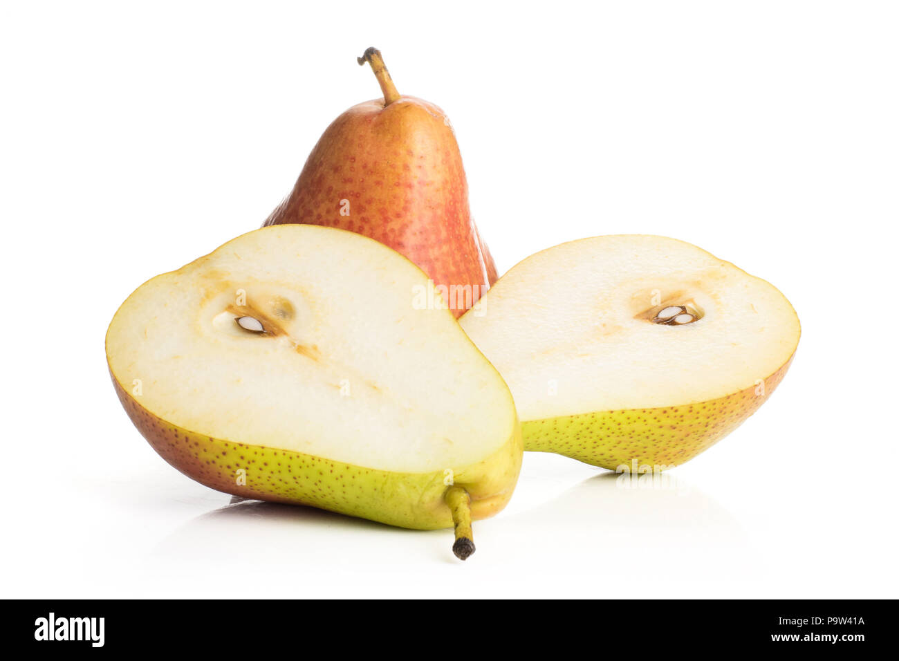 Group of one whole two halves of fresh red pear forelle variety ...