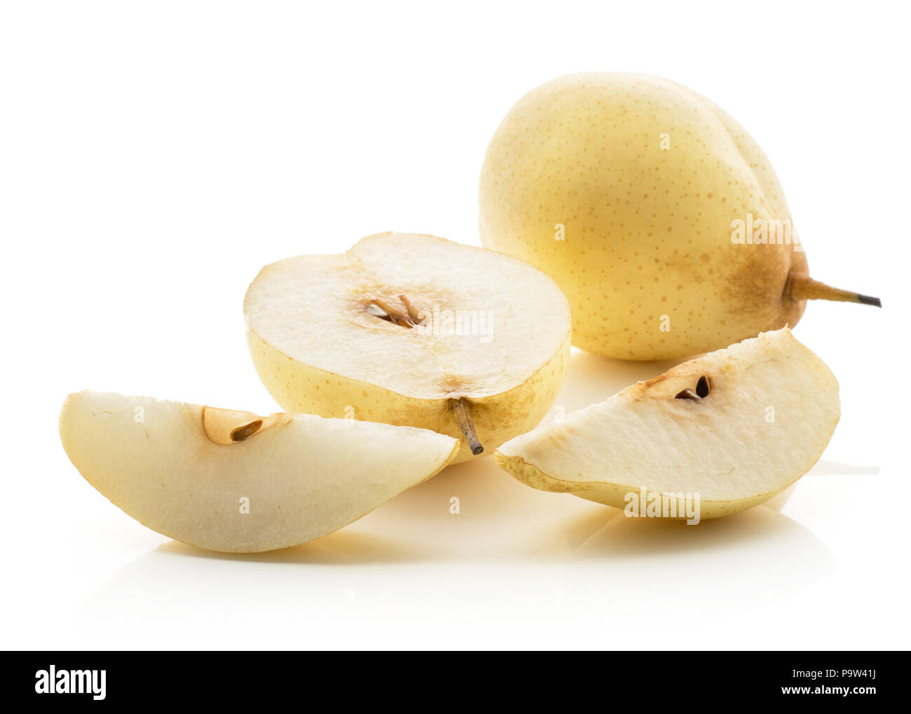 Nashi pears stack (Russet pear) one whole two slices one half isolated ...